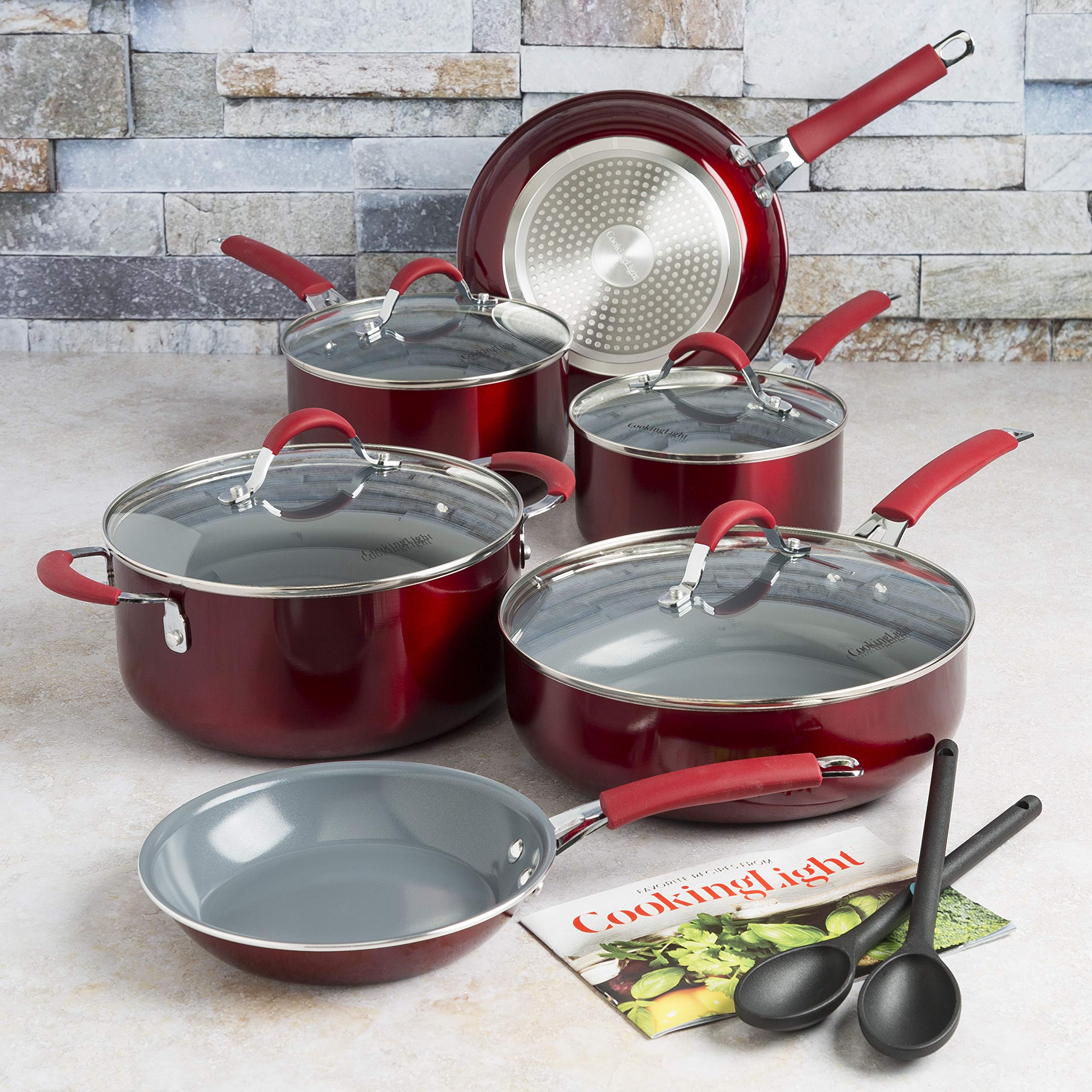 Cooking Light Nonstick Ceramic Pots and Pans Set with Silicone Stay Cool Handles, Dishwasher Safe, 12-Piece Cookware Set, Red