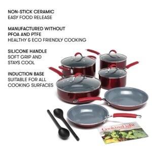 Cooking Light Nonstick Ceramic Pots and Pans Set with Silicone Stay Cool Handles, Dishwasher Safe, 12-Piece Cookware Set, Red