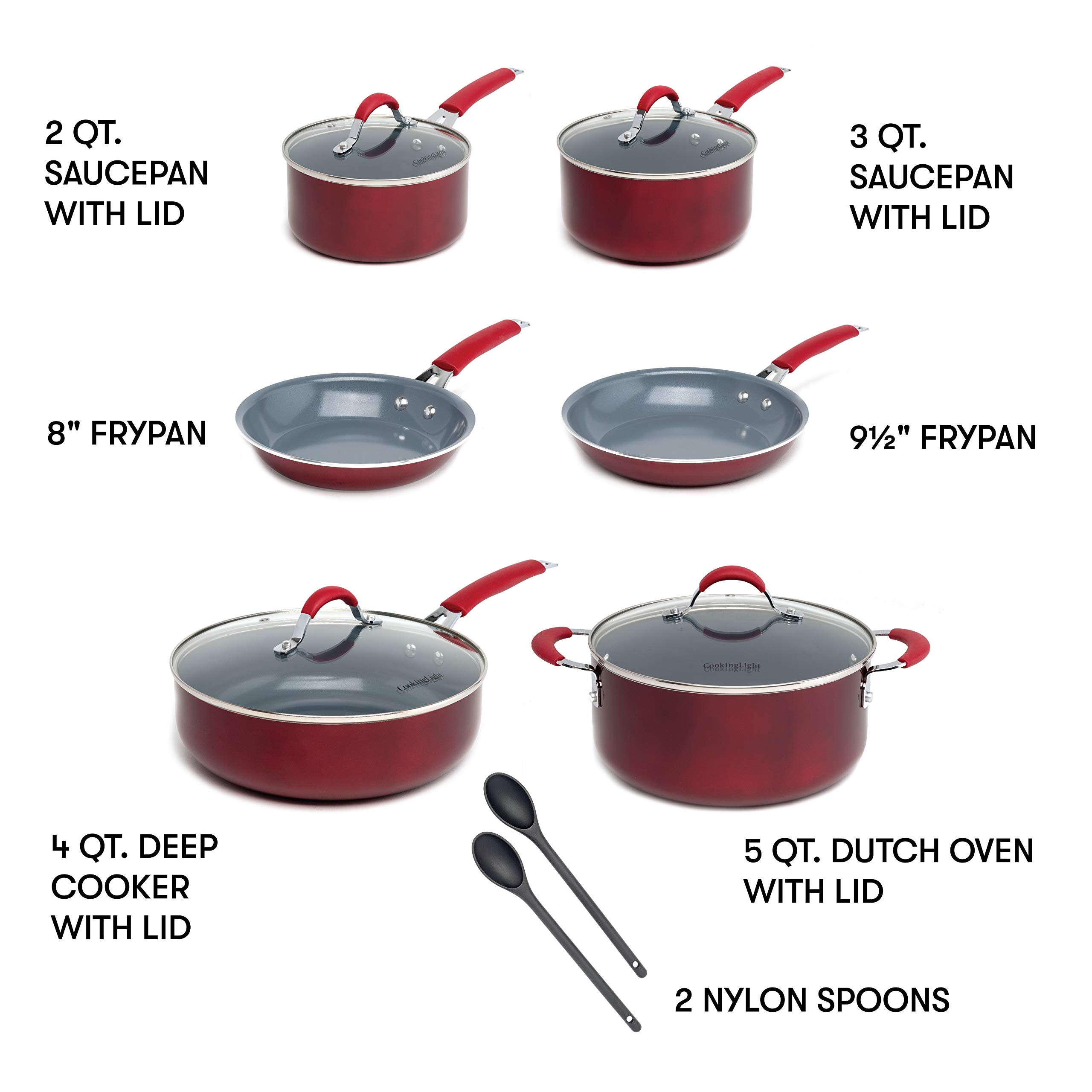 Cooking Light Nonstick Ceramic Pots and Pans Set with Silicone Stay Cool Handles, Dishwasher Safe, 12-Piece Cookware Set, Red