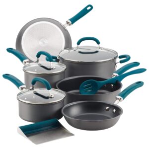 rachael ray create delicious hard anodized nonstick cookware pots and pans set, 11 piece, gray with teal handles