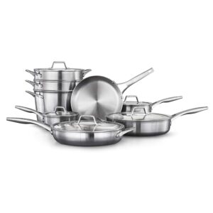 calphalon 13-piece stainless steel kitchen cookware set with aluminum core, stay-cool handles and steamer insert, silver