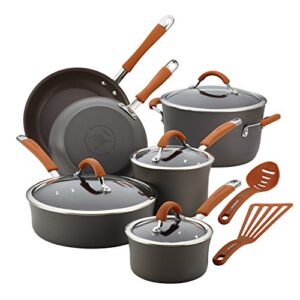 rachael ray cucina dishwasher safe hard anodized nonstick cookware pots and pans set, 12 piece, gray with orange handles