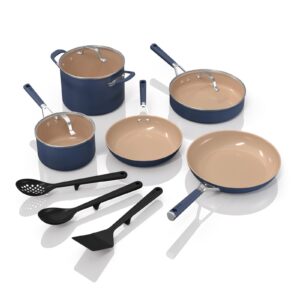 ninja cw49011 extended life ceramic 11-piece cookware set with comfort grip, nonstick fry pans, pots, pfas free, oven safe, dishwasher safe, all stovetops & induction compatible, navy blue