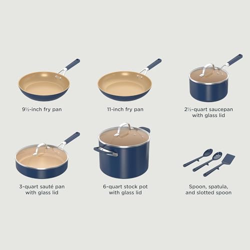 Ninja CW49011 Extended Life Ceramic 11-Piece Cookware Set with Comfort Grip, Nonstick Fry Pans, Pots, PFAS Free, Oven Safe, Dishwasher Safe, All Stovetops & Induction Compatible, Navy Blue