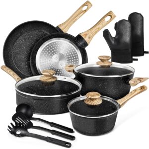 michelangelo granite pots and pans set nonstick, 13 piece kitchen cookware sets with ultra nonstick coatings, non toxic cookware set with spatula, spoon, pasta spoon and 2 cotton gloves