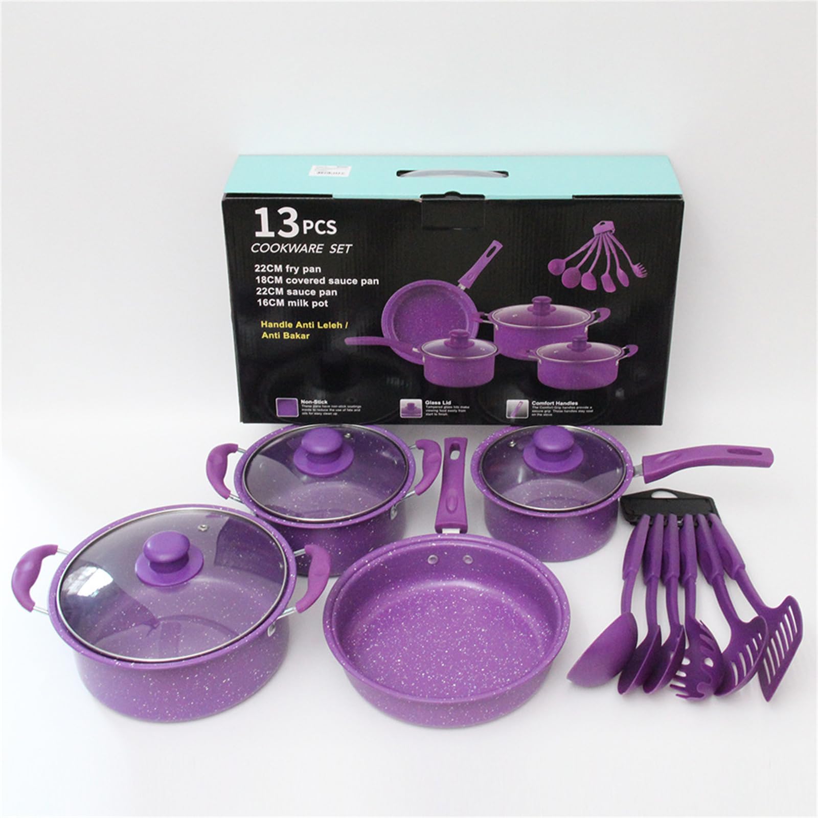 13 Piece Non Stick Pots and Pans Set with Lids, Kitchen Kitchenware Cooking Pots & Pans Kits, Complete Cookware Set for Kitchen,Dishwasher/Oven Safe, Non Toxic,Purple