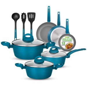 nutrichef professional 12-piece nonstick cookware - pfoa/pfos-free, heat resistant lacquer, elegant design, multi-sized pots and pans, teal/gray/green