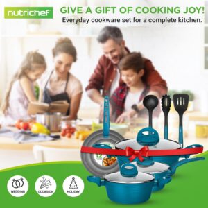 NutriChef Professional 12-Piece Nonstick Cookware - PFOA/PFOS-Free, Heat Resistant Lacquer, Elegant Design, Multi-Sized Pots and Pans, Teal/Gray/Green