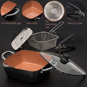 Moss & Stone Copper 5 Piece Set Chef Cookware, Non Stick Pan, Deep Square Pan, Fry Basket, Steamer Tray, Dishwasher & Oven Safe, 5 Quart Copper Pot Set, Black Induction Cookware Set