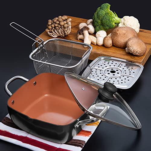 Moss & Stone Copper 5 Piece Set Chef Cookware, Non Stick Pan, Deep Square Pan, Fry Basket, Steamer Tray, Dishwasher & Oven Safe, 5 Quart Copper Pot Set, Black Induction Cookware Set