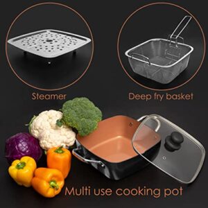 Moss & Stone Copper 5 Piece Set Chef Cookware, Non Stick Pan, Deep Square Pan, Fry Basket, Steamer Tray, Dishwasher & Oven Safe, 5 Quart Copper Pot Set, Black Induction Cookware Set