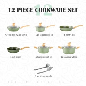 MAISON ARTS Kitchen Cookware Sets Nonstick, 12 Piece Pots and Pans Set Granite Cooking Set for Induction & Dishwasher Safe, Oven, Stovetop, Green