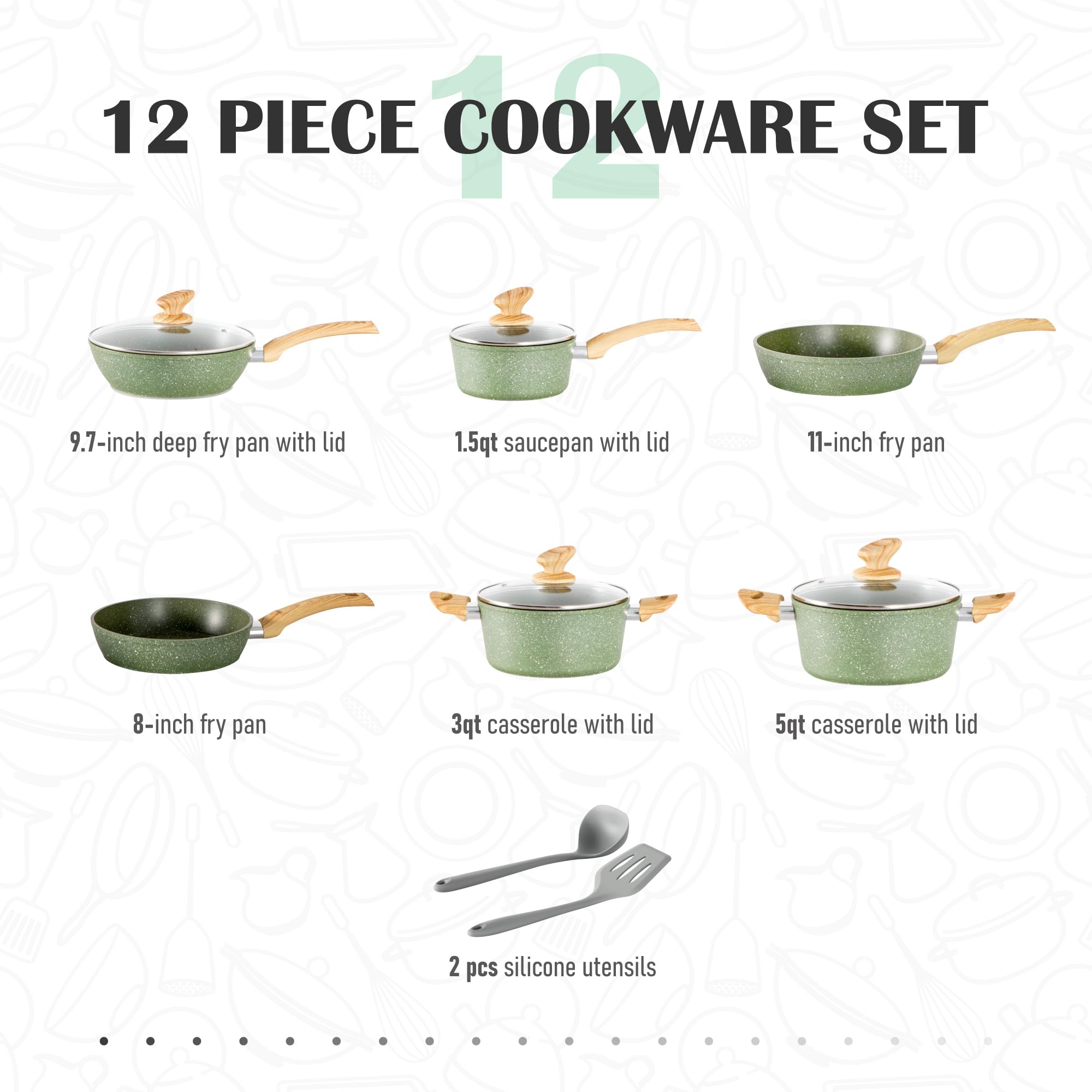 MAISON ARTS Kitchen Cookware Sets Nonstick, 12 Piece Pots and Pans Set Granite Cooking Set for Induction & Dishwasher Safe, Oven, Stovetop, Green