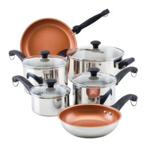 farberware classic traditions stainless steel cookware/pots and pans set, good for all stovetops (gas, glass top, electric & induction), 14 piece - silver