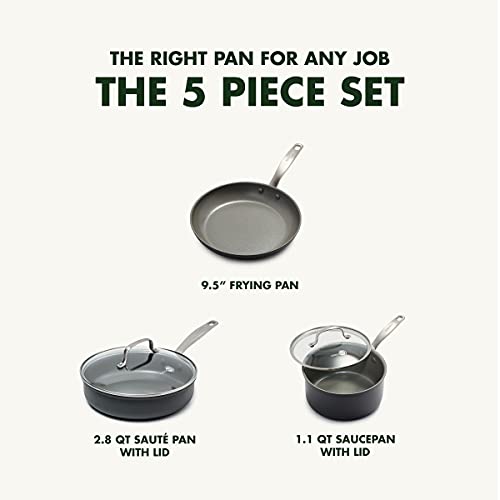 GreenPan Chatham Hard Anodized Healthy Ceramic Nonstick 5 Piece Cookware Pots and Pans Set, Saute, Saucepan, Lids, Stainless Steel Handles, PFAS-Free, Dishwasher Safe, Oven Safe, Gray