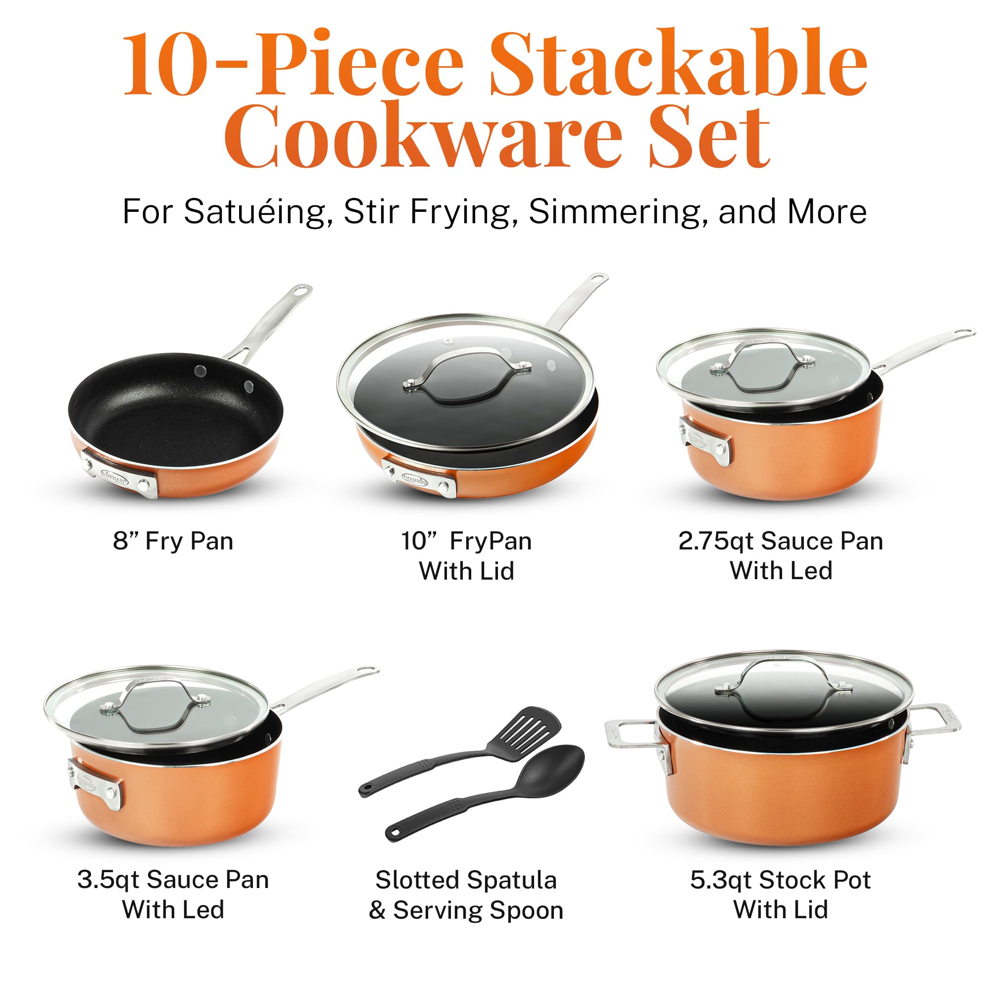 Gotham Steel 10 Pc Copper Pots and Pans Set Non Stick, Kitchen Cookware Sets, Space Saving Non Stick Pots and Pan Set, Nonstick Cookware Set, Non Toxic Cookware Set, Pot Set, Dishwasher Safe