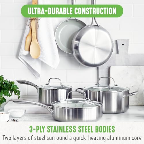 GreenLife Tri-Ply Stainless Steel Healthy Ceramic Nonstick, 10 Piece Cookware Pots and Pans Set, PFAS-Free, Multi Clad, Induction, Dishwasher Safe, Oven Safe, Silver