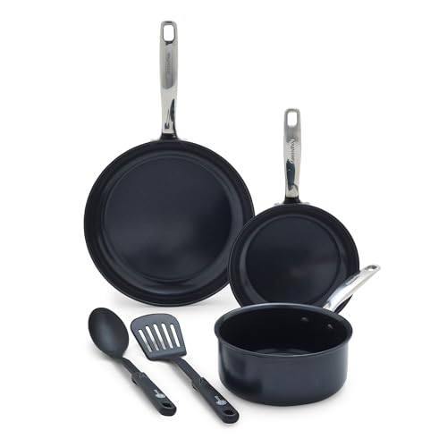 GreenPan Chatham Prime Midnight Hard Anodized Healthy Ceramic Nonstick, 5 Piece Cookware Pots and Pans Set, Mixed Cooking Utensils, Stainless Steel Handles, PFAS-Free, Dishwasher Safe Oven Safe, Black