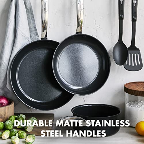 GreenPan Chatham Prime Midnight Hard Anodized Healthy Ceramic Nonstick, 5 Piece Cookware Pots and Pans Set, Mixed Cooking Utensils, Stainless Steel Handles, PFAS-Free, Dishwasher Safe Oven Safe, Black