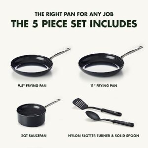 GreenPan Chatham Prime Midnight Hard Anodized Healthy Ceramic Nonstick, 5 Piece Cookware Pots and Pans Set, Mixed Cooking Utensils, Stainless Steel Handles, PFAS-Free, Dishwasher Safe Oven Safe, Black