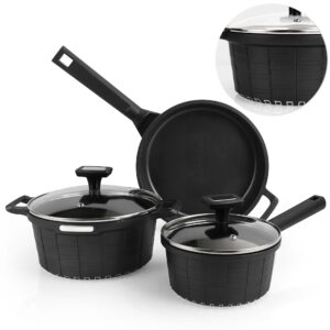 wodillo cookware set, pots and pans with utensils, nonstick scratch resistant cooking surface compatible with all stoves(gas, electric & induction) - black