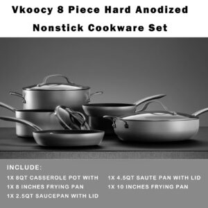 Vkoocy Classic Hard-Anodized Nonstick Cookware Set, 8-Piece Pots and Pans Set with Stay-Cool Handles, Durable & Oven Safe to 500°F