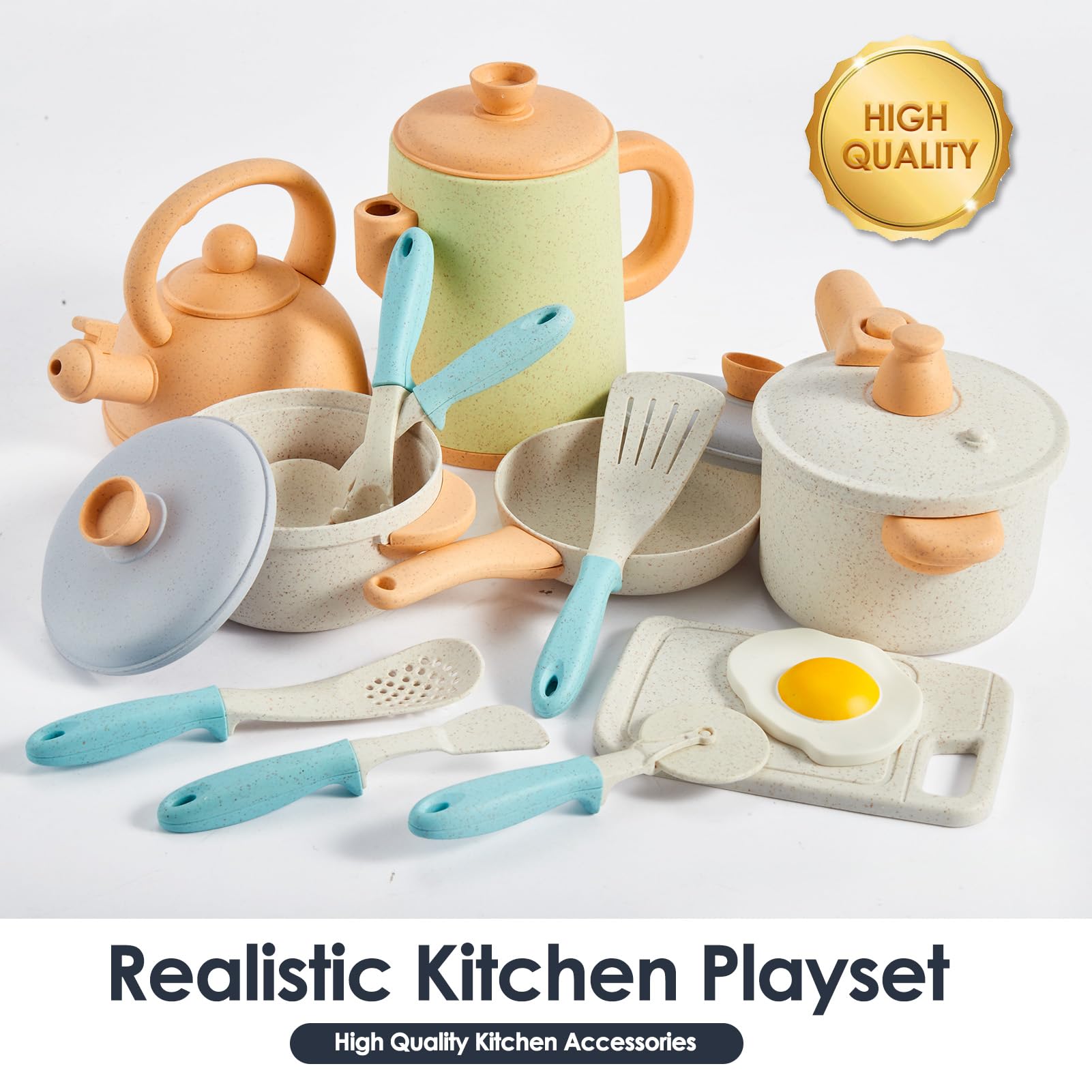 BUYGER Pretend Play Kitchen Accessories Toys Set, Cookware Pots and Pans Cooking Utensils Playset Gifts for 3 4 5 Years Old Kids Girls Boys Toddler