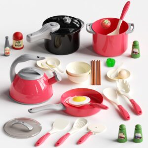 28℃ 32pcs play kitchen accessories toy,kids pretend cooking toys with play pots and pans,toddler pretend cooking playset with vegetables,play kitchen toys for girls boys(red).