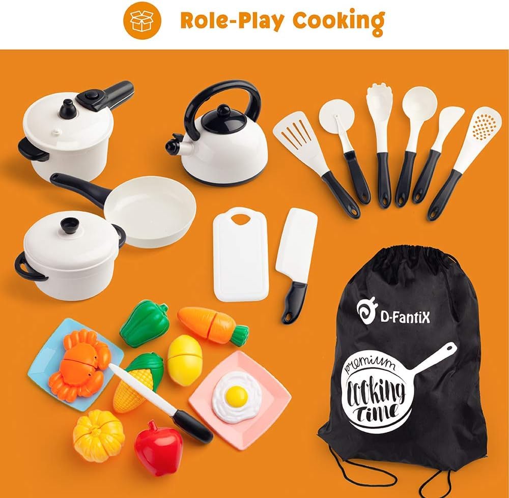 D-FantiX Kids Pretend Play Kitchen Accessories Set, Toddlers Pots and Pans Cookware Playset, Kids Cooking Toys with Utensils, Knife, Cutting Food Kitchen Playset for Girls and Boys Age 2 3 4 5 6 7