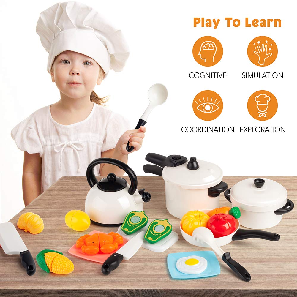 D-FantiX Kids Pretend Play Kitchen Accessories Set, Toddlers Pots and Pans Cookware Playset, Kids Cooking Toys with Utensils, Knife, Cutting Food Kitchen Playset for Girls and Boys Age 2 3 4 5 6 7