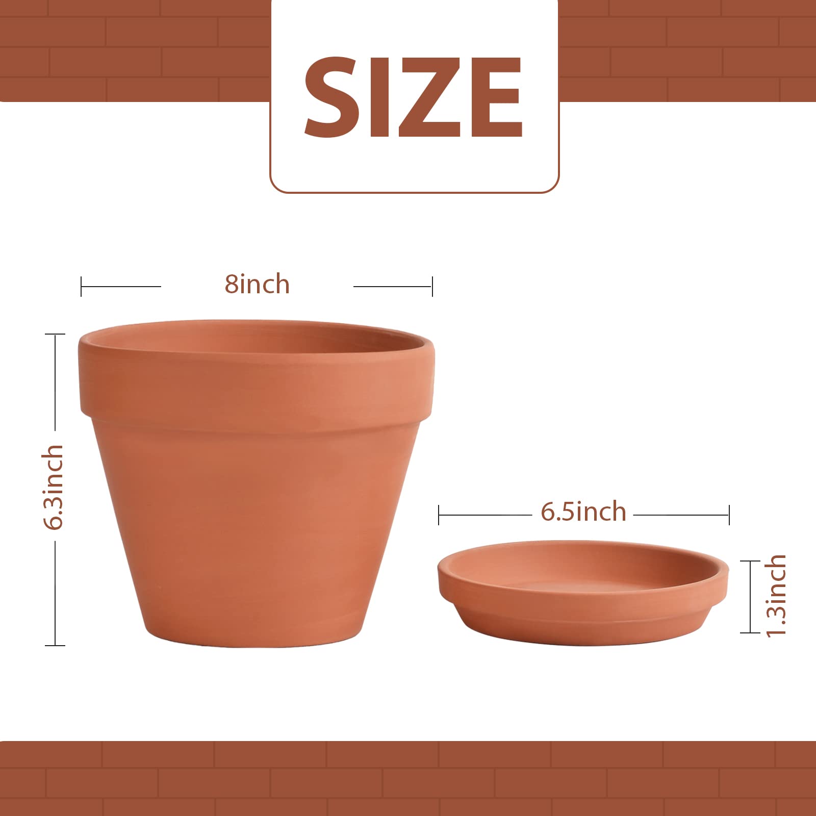 INGOFIN Terracotta Pots Set with Saucer - 2-Pack Ceramic Clay Planters with Drainage Hole, Garden Flower Succulent Pots with Tray for Indoor Outdoor Plants, 8 inch, Set of 2