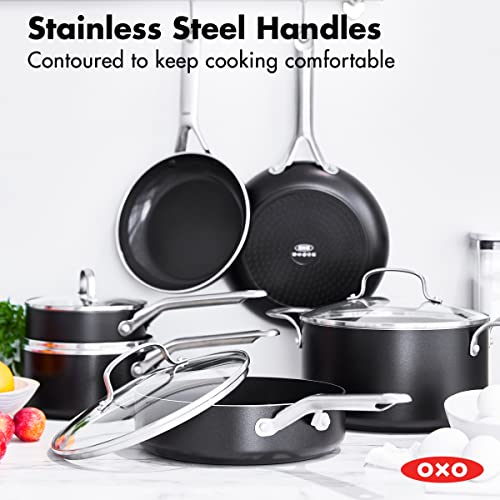 OXO Agility Series 10 Piece Cookware Pots and Pans Set, Ceramic Nonstick PFAS-Free, Induction Suitable, Quick Even Heating, Stainless Steel Handles, Chip-Free Rims Dishwasher and Oven Safe Black