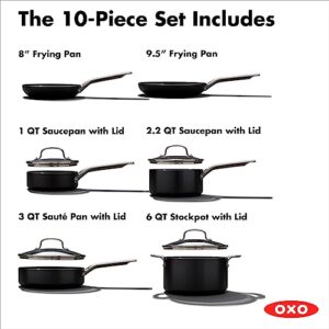 OXO Agility Series 10 Piece Cookware Pots and Pans Set, Ceramic Nonstick PFAS-Free, Induction Suitable, Quick Even Heating, Stainless Steel Handles, Chip-Free Rims Dishwasher and Oven Safe Black