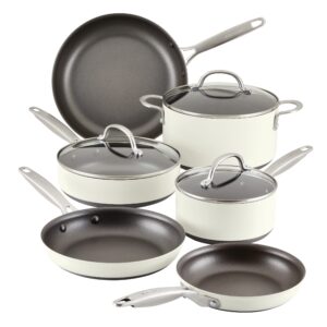 anolon achieve hard anodized nonstick cookware pots and pans set, 9 piece - cream