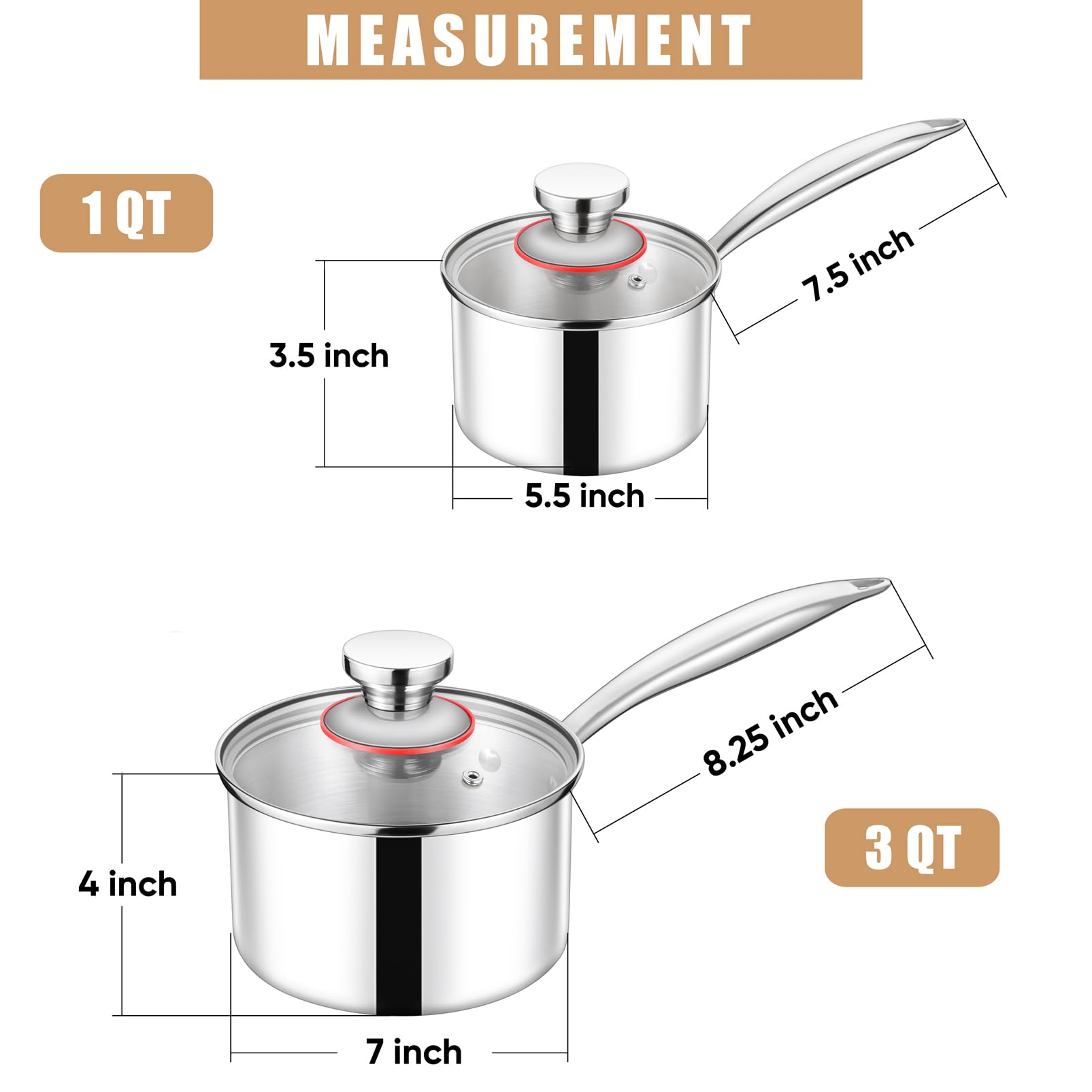 TeamFar Saucepan with Lid, 1qt & 3qt Stainless Steel Tri-ply Sauce Milk pan Small Cooking Pot for Induction/Gas/Electric/Ceramic, Healthy & Heavy Duty, Ergonomic Handle & Dishwasher Safe – Set of 2