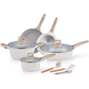 oroley pots and pans set nonstick,ceramic cookware set pots, pans, lids and spatula kits,non toxic, ptfe & pfoa free - compatible with all stovetops (gas, electric & induction) (cream)