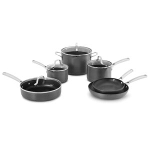 calphalon 10-piece pots and pans set, nonstick kitchen cookware with stay-cool stainless steel handles and pour spouts, grey