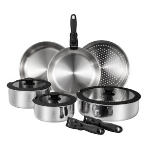 roydx 3-ply pots and pans set, 18/10 stainless steel kitchen removable handle cookware set,pfoa free, for all stoves, suitable for home, rv, boat, camping, space saving induction oven safe