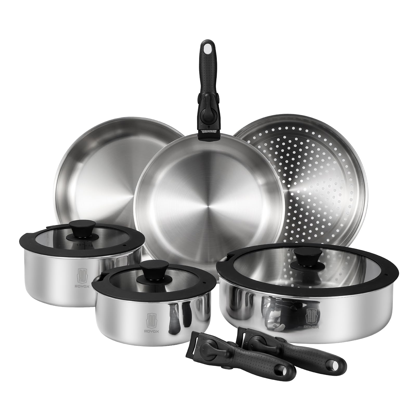 ROYDX 3-Ply Pots and Pans Set, 18/10 Stainless Steel Kitchen Removable Handle Cookware Set,PFOA Free, for All Stoves, Suitable for Home, RV, Boat, Camping, Space Saving Induction Oven Safe