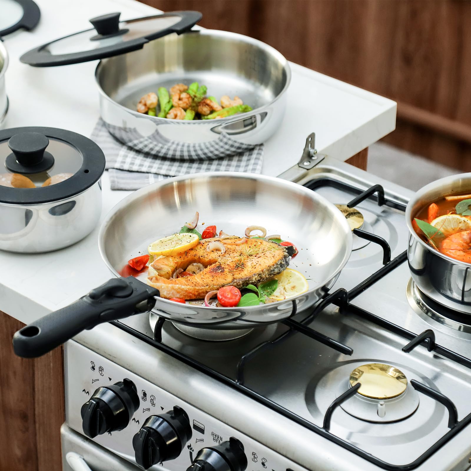 ROYDX 3-Ply Pots and Pans Set, 18/10 Stainless Steel Kitchen Removable Handle Cookware Set,PFOA Free, for All Stoves, Suitable for Home, RV, Boat, Camping, Space Saving Induction Oven Safe