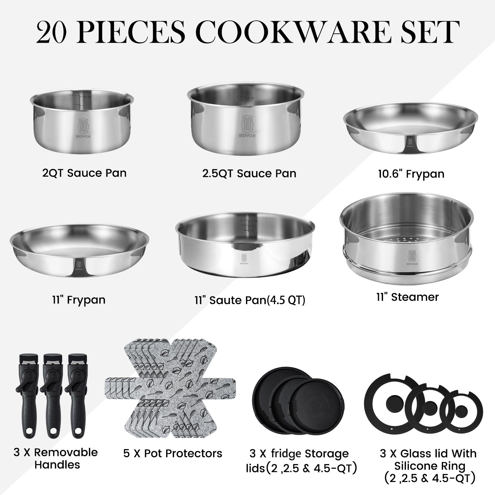 ROYDX 3-Ply Pots and Pans Set, 18/10 Stainless Steel Kitchen Removable Handle Cookware Set,PFOA Free, for All Stoves, Suitable for Home, RV, Boat, Camping, Space Saving Induction Oven Safe