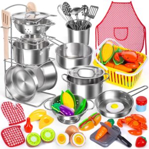 kids pretend play kitchen toys accessories set, 32 items stainless steel toy pots and pans sets w/ rack organizer, metal cooking utensils & apron, play food w/ basket for kids girls boys toddlers