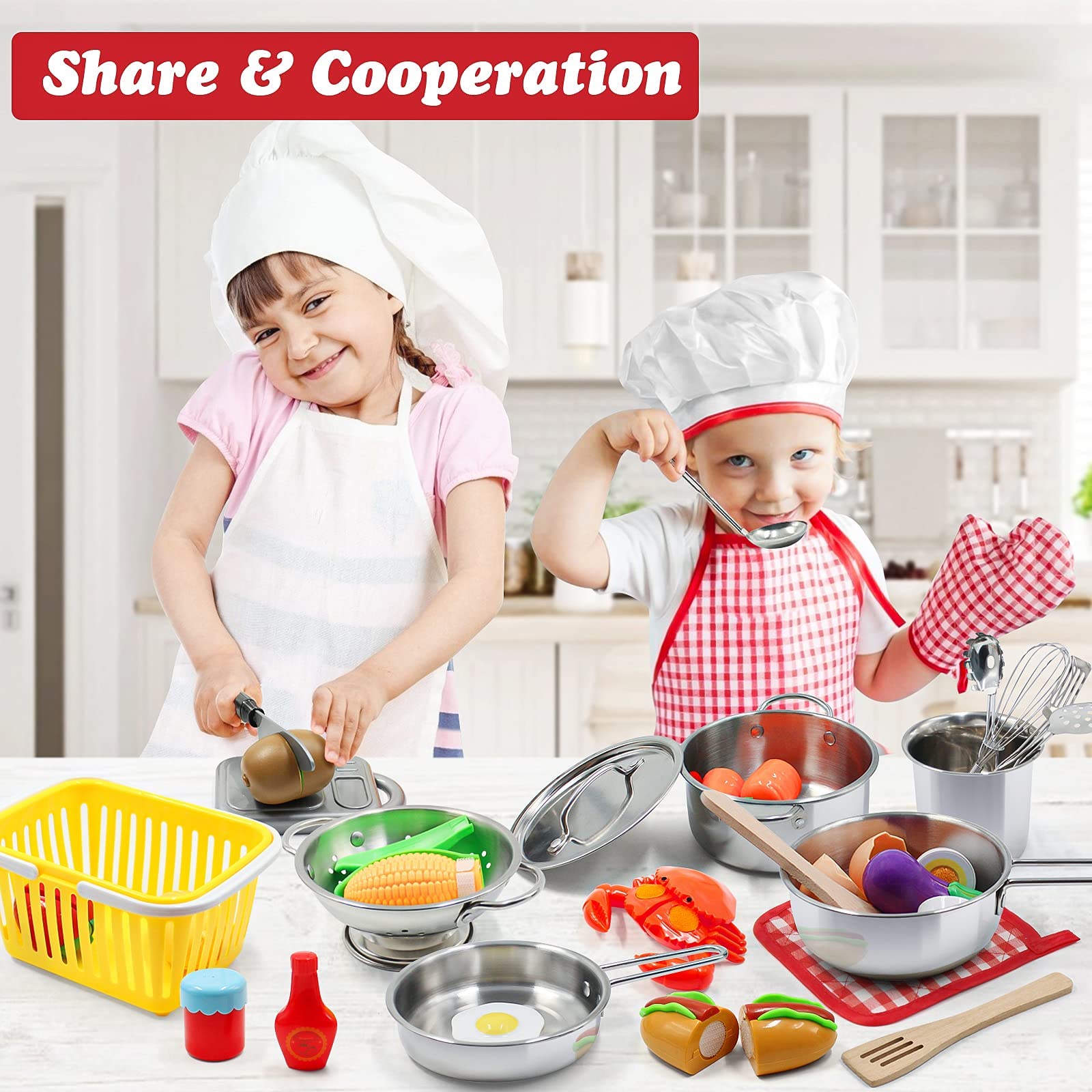 Kids Pretend Play Kitchen Toys Accessories Set, 32 Items Stainless Steel Toy Pots and Pans Sets w/ Rack Organizer, Metal Cooking Utensils & Apron, Play Food w/ Basket for Kids Girls Boys Toddlers