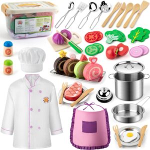 efo shm 44pcs play kitchen accessories, wooden play food, kids kitchen pretend play toys with stainless steel play pots & pans sets, apron & chef clothes, kitchen toys for toddlers preschoolers kids