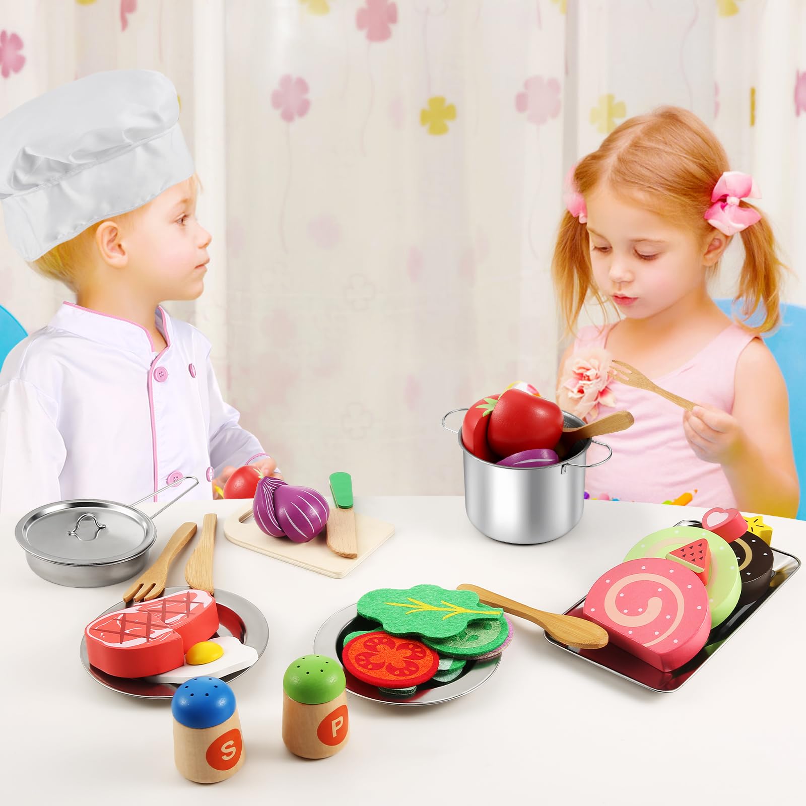 EFO SHM 44PCS Play Kitchen Accessories, Wooden Play Food, Kids Kitchen Pretend Play Toys with Stainless Steel Play Pots & Pans Sets, Apron & Chef Clothes, Kitchen Toys for Toddlers Preschoolers Kids