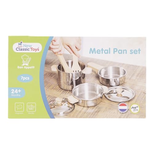 New Classic Toys Metal Pan Set - Pretend Play Toy for Kids Cooking Simulation Educational Toys and Color Perception Toy for Preschool Age Toddlers Boys Girls