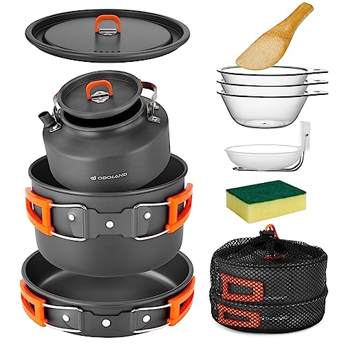 Odoland 10pcs Camping Cookware Camping Pots and Pans Set with Kettle Plastic Bowls and Soup Spoon for Camping, Backpacking, Outdoor Cooking and Picnic