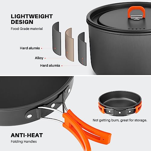 Odoland 10pcs Camping Cookware Camping Pots and Pans Set with Kettle Plastic Bowls and Soup Spoon for Camping, Backpacking, Outdoor Cooking and Picnic