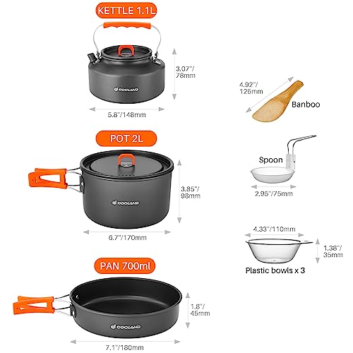 Odoland 10pcs Camping Cookware Camping Pots and Pans Set with Kettle Plastic Bowls and Soup Spoon for Camping, Backpacking, Outdoor Cooking and Picnic