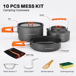 Odoland 10pcs Camping Cookware Camping Pots and Pans Set with Kettle Plastic Bowls and Soup Spoon for Camping, Backpacking, Outdoor Cooking and Picnic